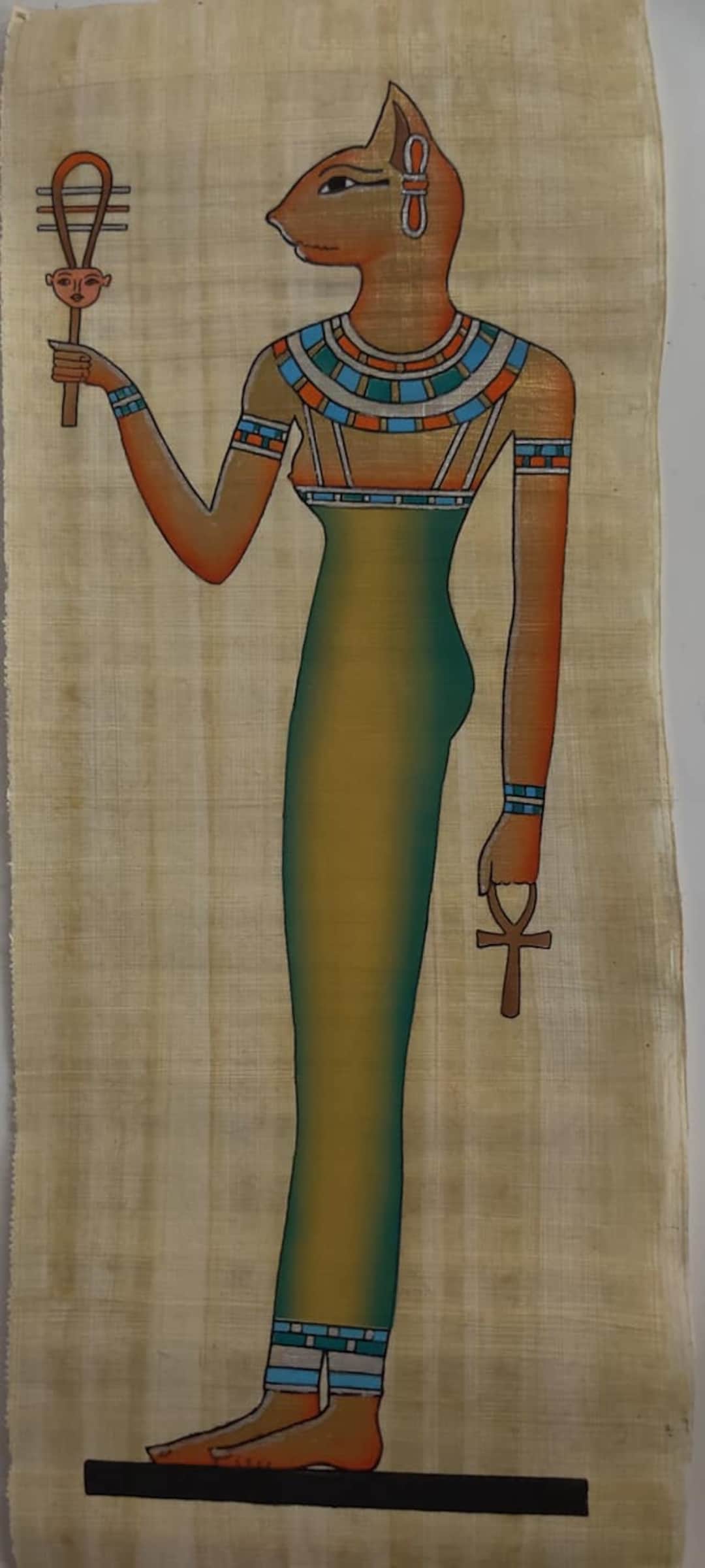 Vintage Hand Painted Papyrus Egyptian Goddess Bastet 16'' X 7'' Made in ...