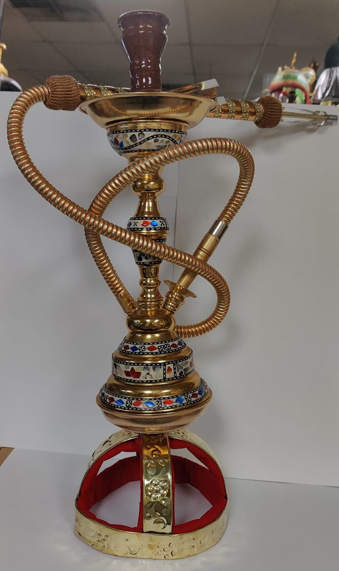 Egyptian Brass Mother of Pearl Inlay Round Hand Made Belly Dance Shisha ...