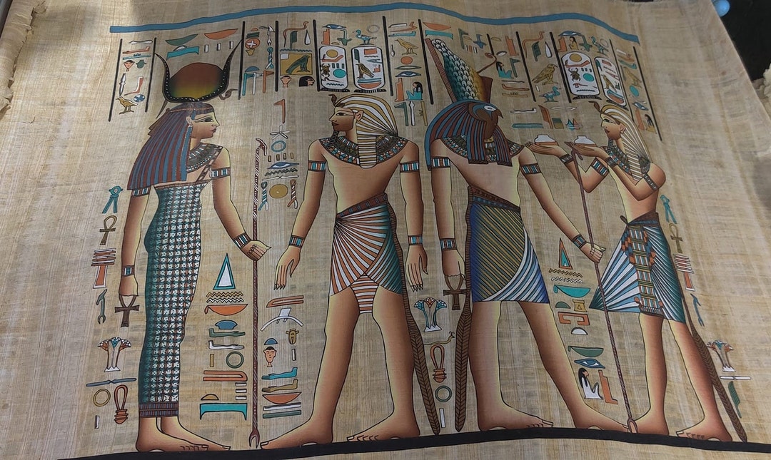 Vintage Large Papyrus Egyptian God Hours and Goddess Isis 35'' X 24'' Made in Egypt and Signed ...