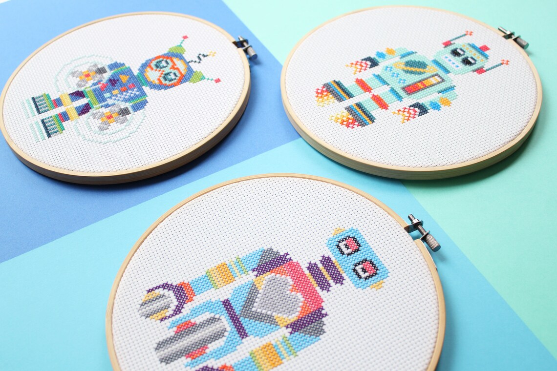 Aqua Bot - Modern Beginner DIY Cross Stitch Kit - Robot Cross Stitch ...