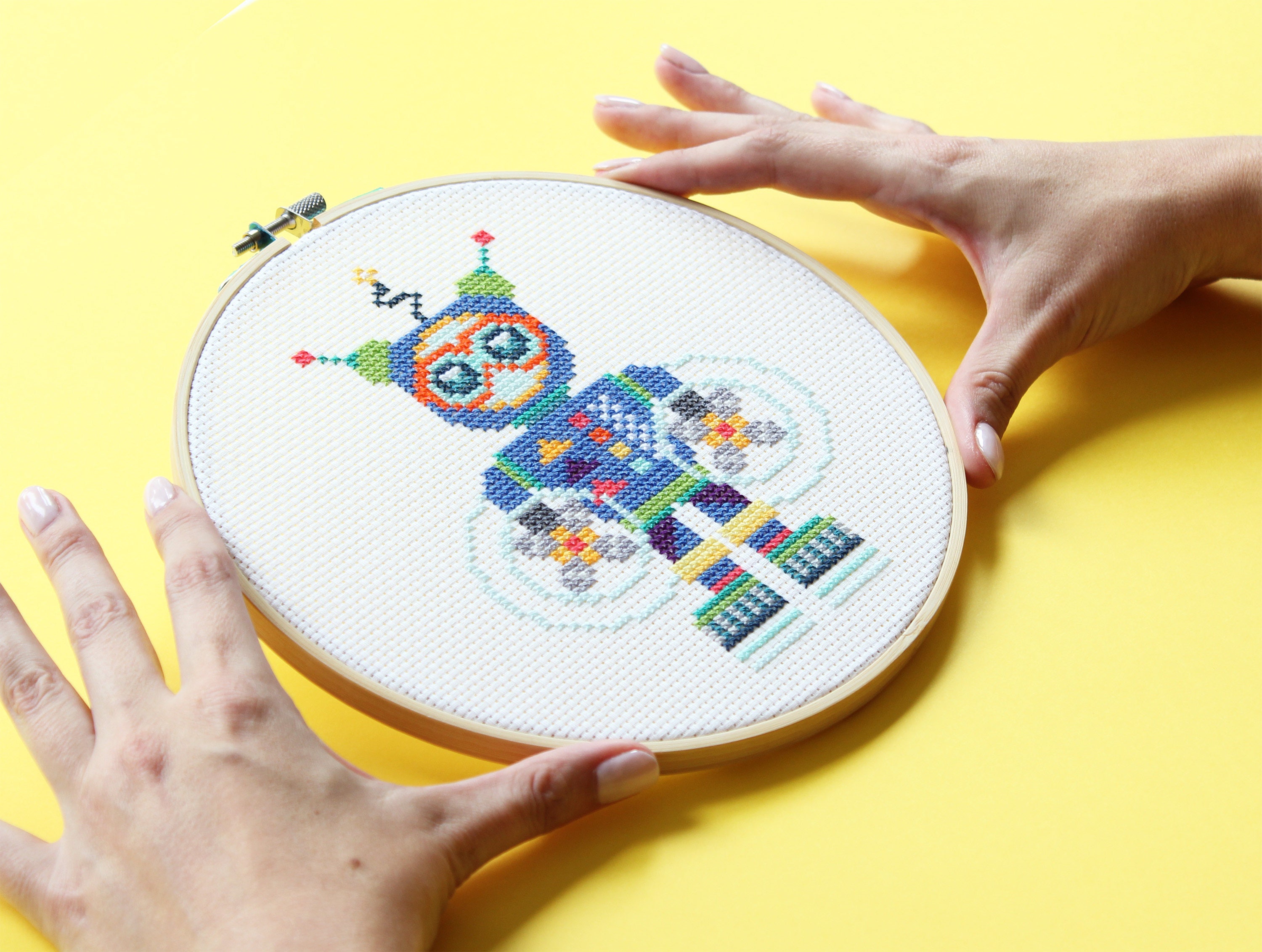 Aqua Bot - Modern Beginner DIY Cross Stitch Kit - Robot Cross Stitch ...