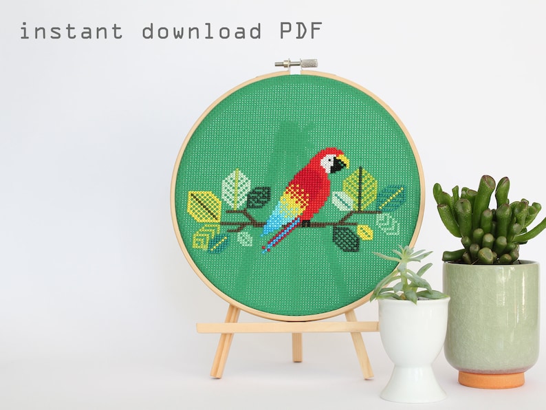 Red Parrot Modern counted cross stitch pattern Instant | Etsy