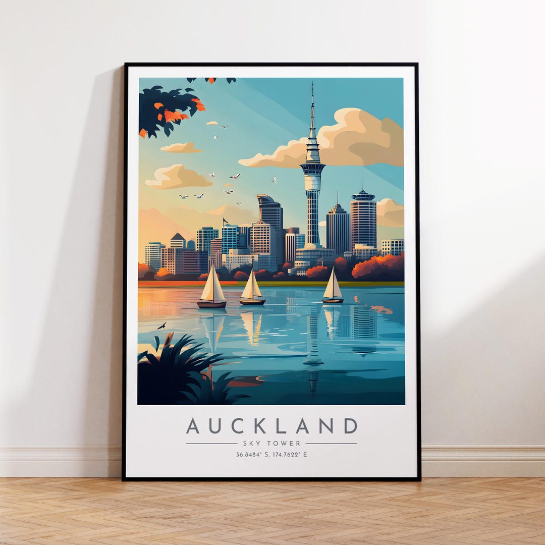 Auckland Travel Poster - New Zealand, Sky Tower, Auckland Travel Print ...