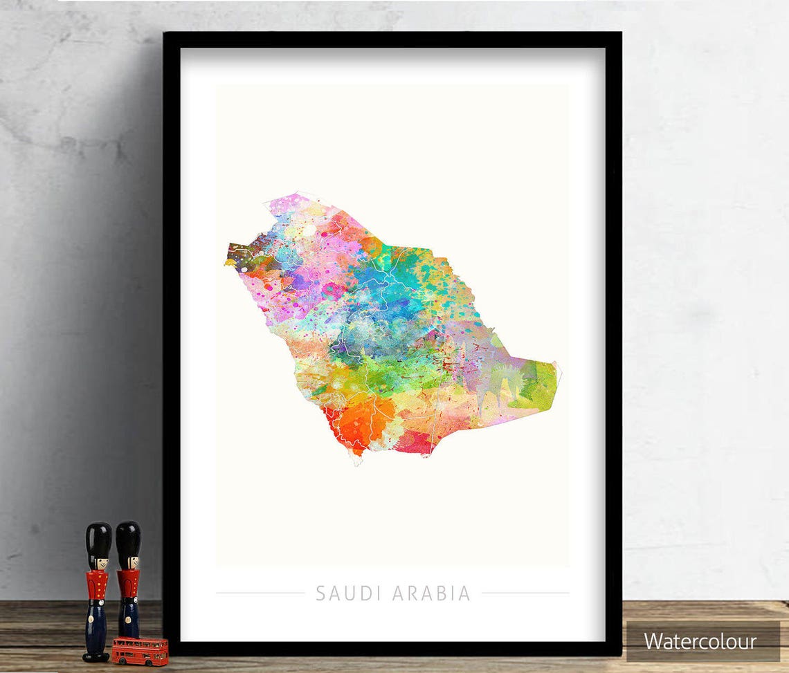 Saudi Arabia Map - Country Map of Saudi Arabia - Art Print Watercolor ...