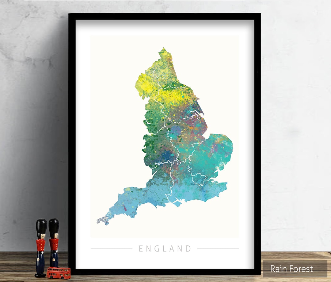 England Map - Country Map of England - Art Print Watercolor ...