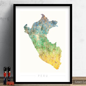 Peru Map - Country Map of Peru - Art Print Watercolor Illustration Wall ...
