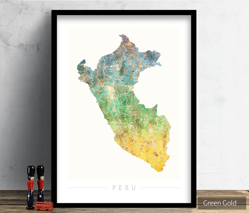 Peru Map - Country Map of Peru - Art Print Watercolor Illustration Wall ...