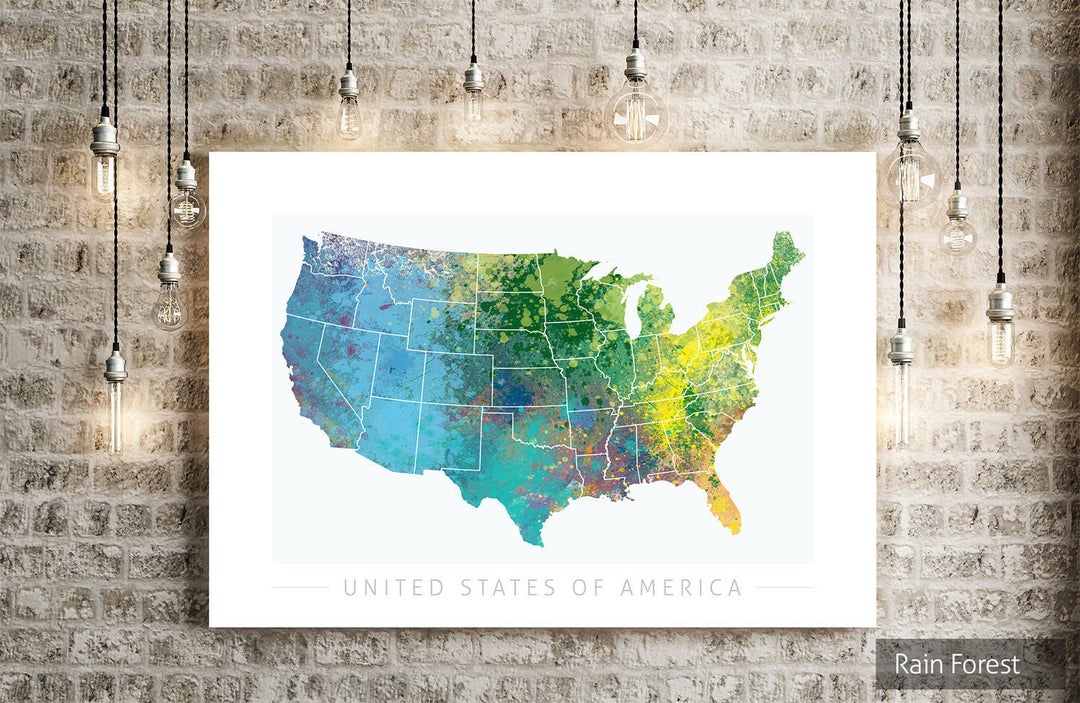 USA Map - Country Map - Art Print Watercolor Illustration Wall Art Home ...