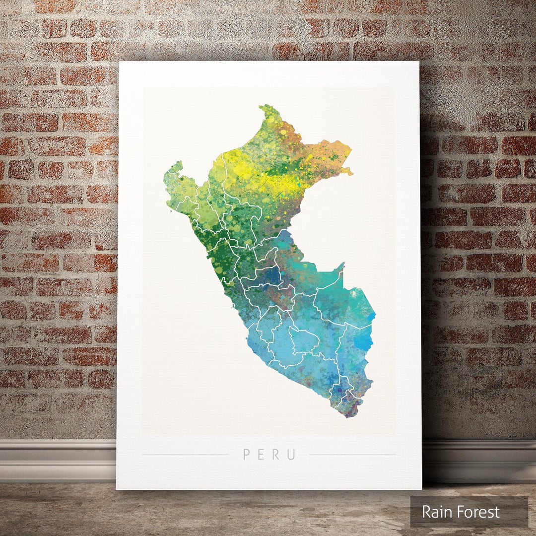 Peru Map - Country Map of Peru - Art Print Watercolor Illustration Wall ...