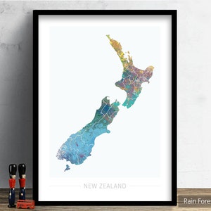 New Zealand Map - Country Map of New Zealand - Art Print Watercolor ...