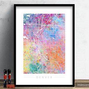 Denver Map City Street Map of Denver Colorado Art Print Watercolor ...