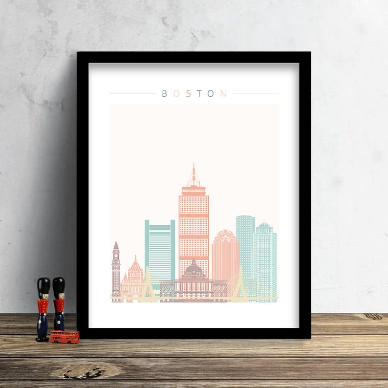 Boston Skyline, Print, Boston Massachusetts Skyline, Watercolor Print ...