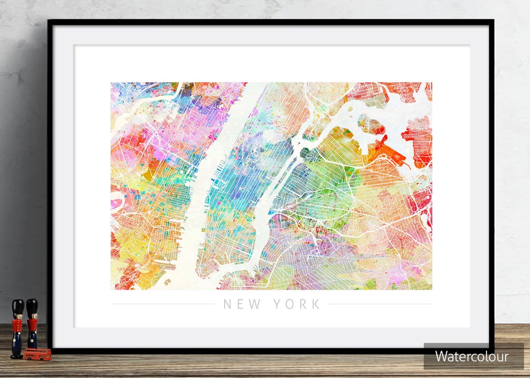 New York Map - City Street Map of New York - Art Print Watercolor ...