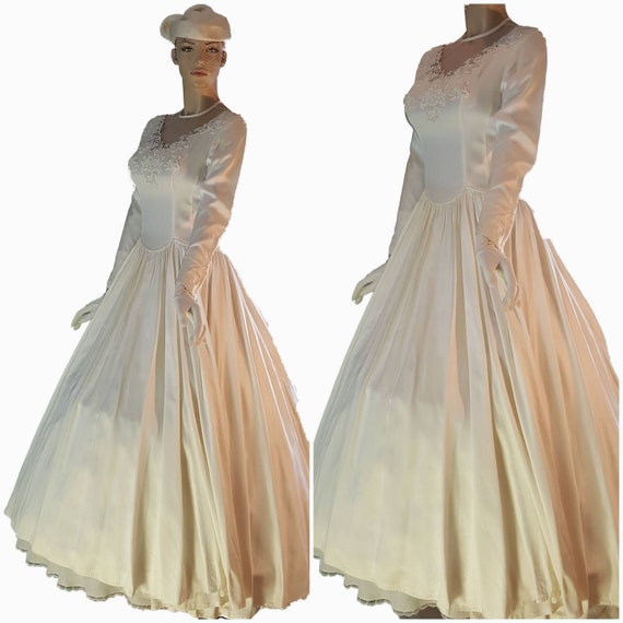 Cream Satin Gown , Wedding Dress - Gem