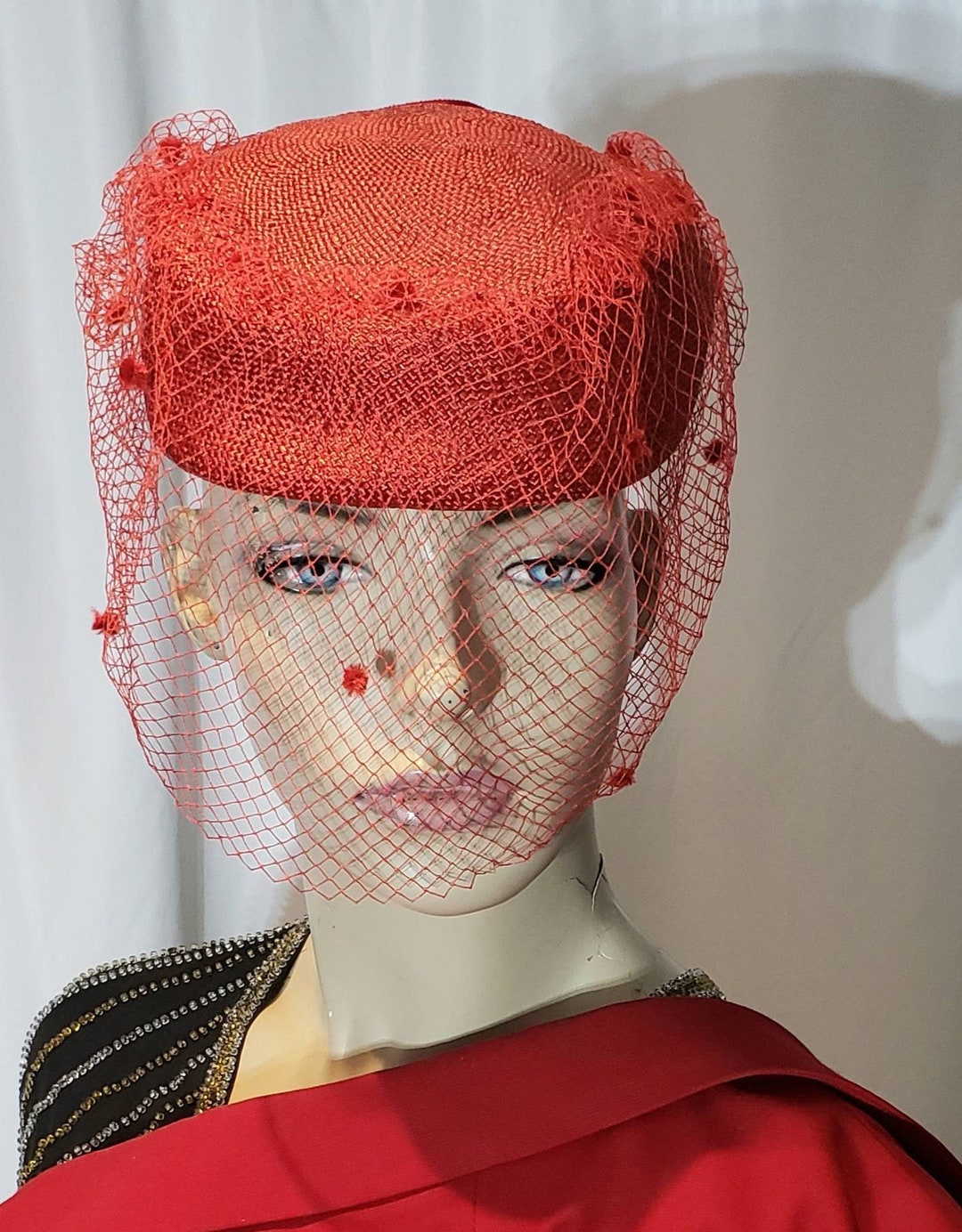Red Woven Straw Hat With Netting - Etsy
