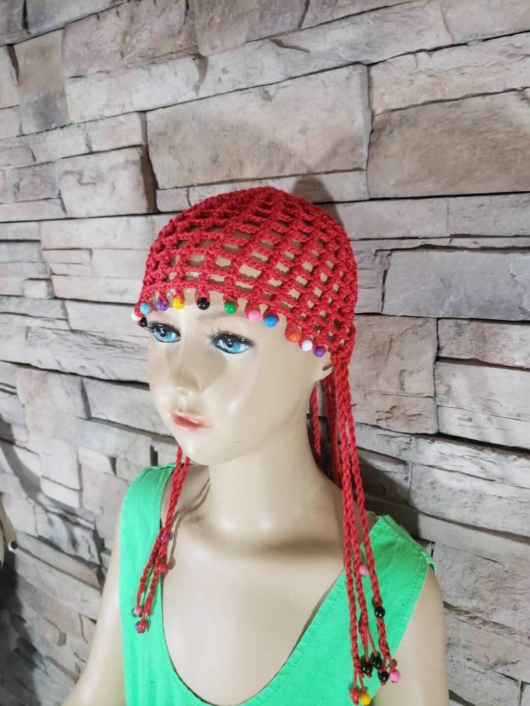 Red Bead Braid Crochet Hat Hippie Bohemian Cleopatra Gatsby Accessories ...