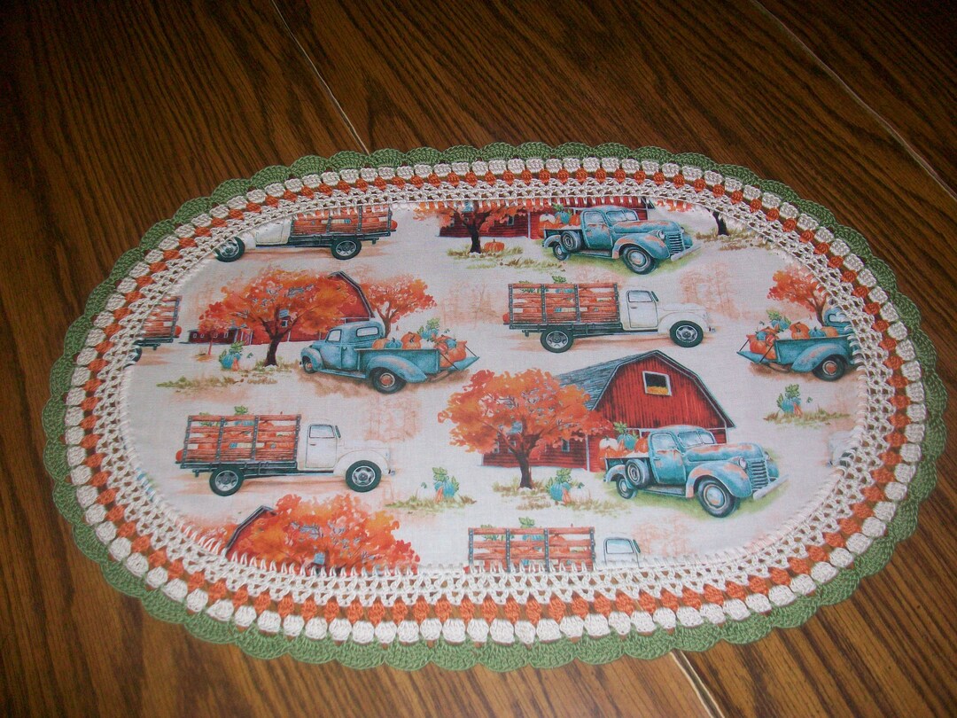 New Handmade Crochet Table Doily Thanksgiving, Blue Truck, Barns, Fall ...