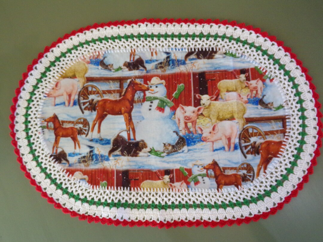 Barnyard Christmas Scene Crochet Doily With Western Snowman and ...