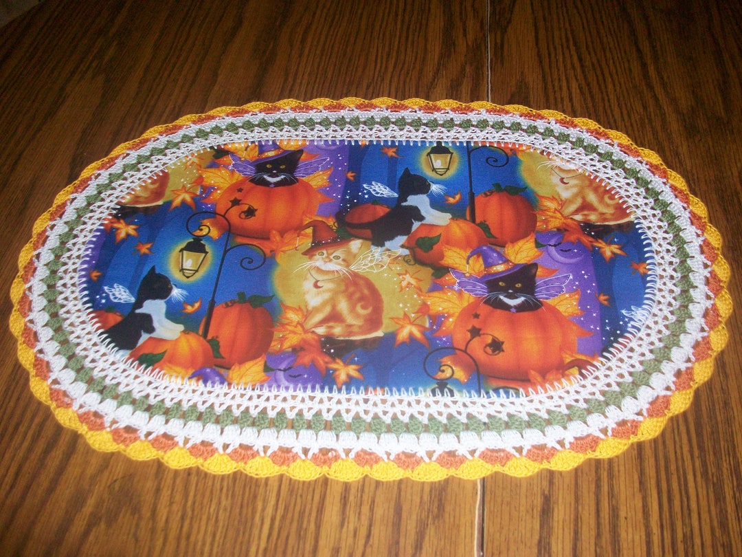 Handmade Crochet Halloween Doily/black Kittens in Witch Hats, Jack-o ...