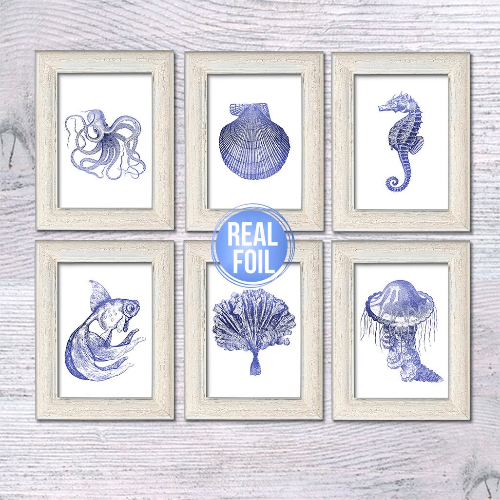 Nautical poster Set of 6 Sea animal print Real foil decoration | Etsy