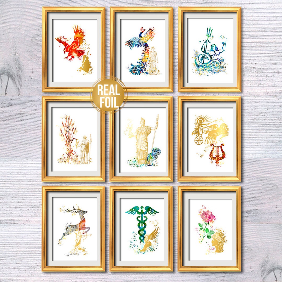 Olympian Gods Print Set of 9 Greek Gods Gold Foil Art Greek Mythology ...
