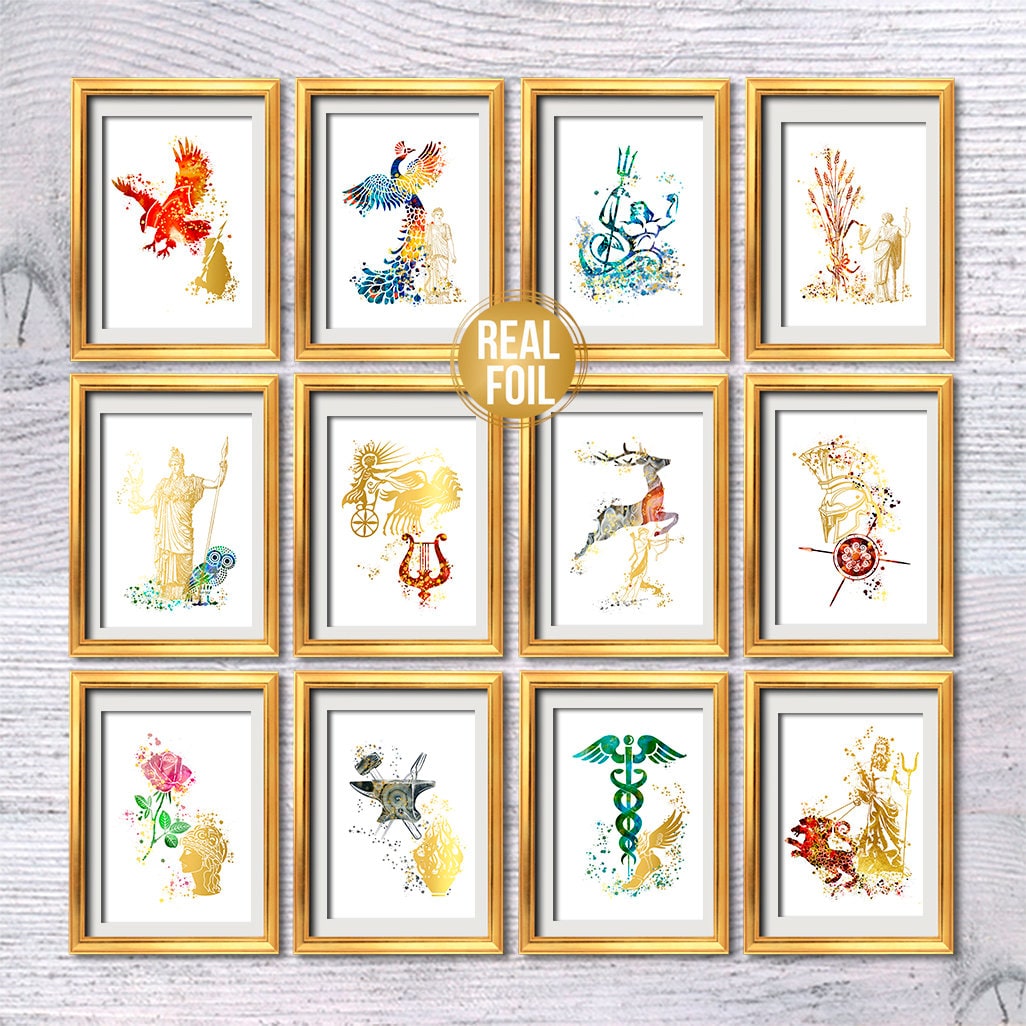 Greek mythology Set of 12 Olympian gods poster Gold foil print | Etsy