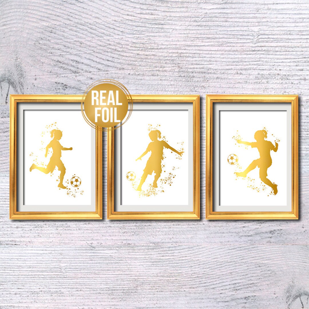 Soccer Girl Print Soccer Art Poster Set of 3 Sport Wall Decor Real Foil ...