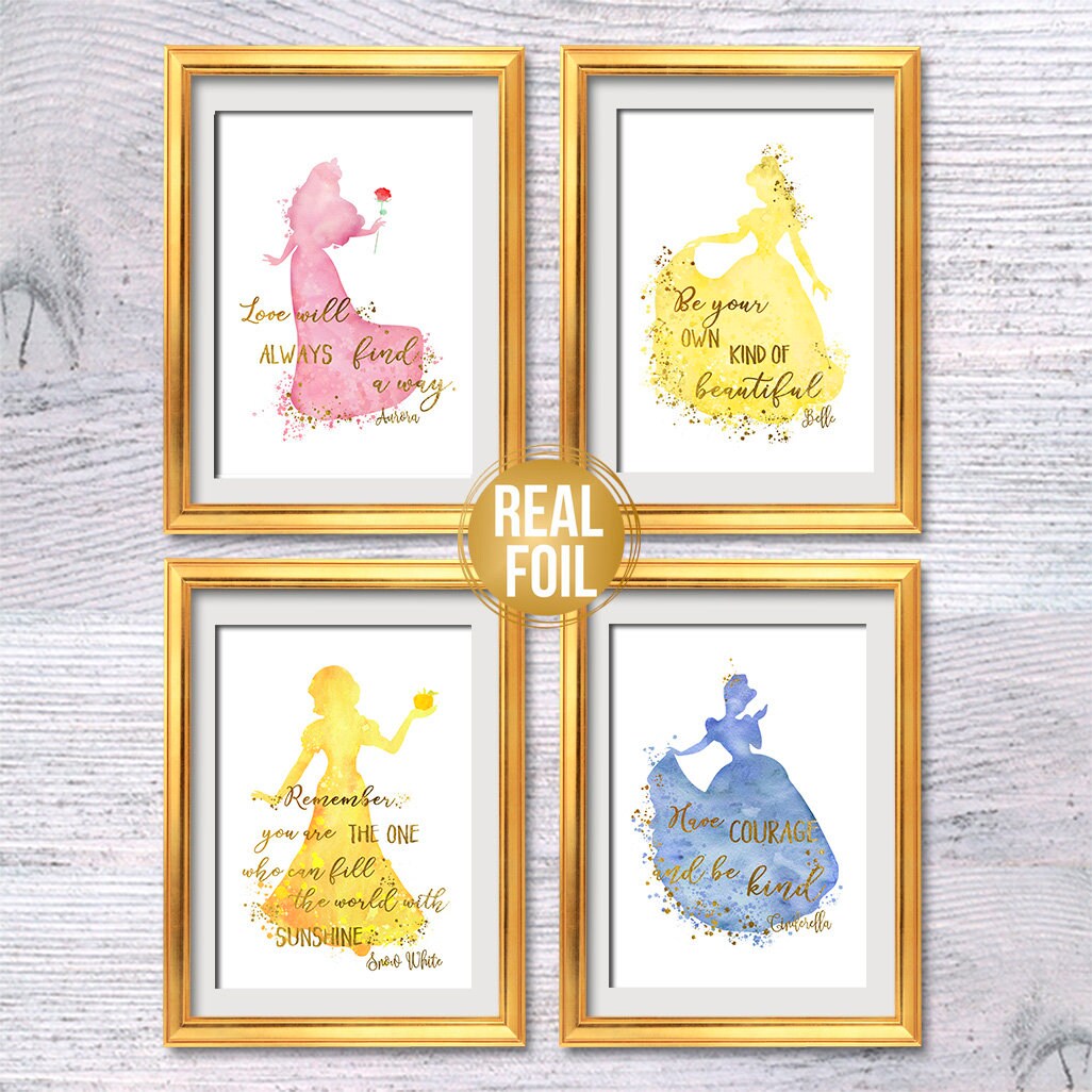 Disney Princess Set of 4 Disney Wall Decor Real Foil Print | Etsy