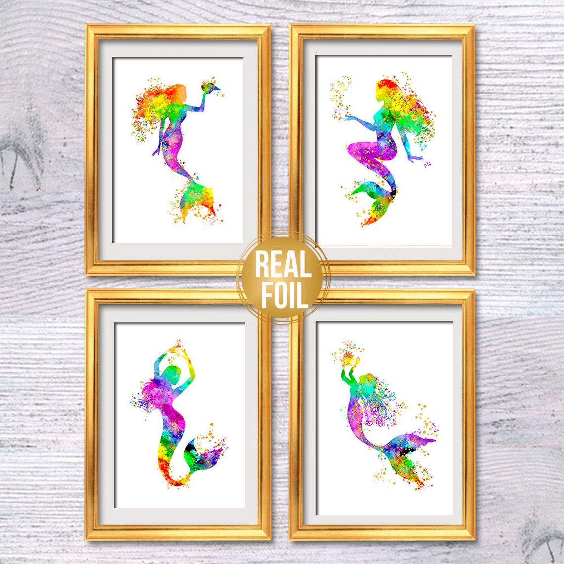 Mermaid Poster Set of 4 Mermaid Print Mermaid Wall Decor Real | Etsy