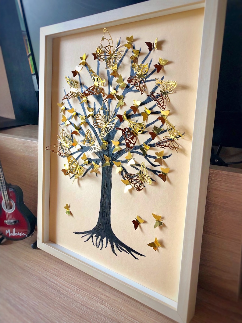 Glitter Gold Butterfly Tree Painting, 3D Paper Art, Handmade Decor - Etsy