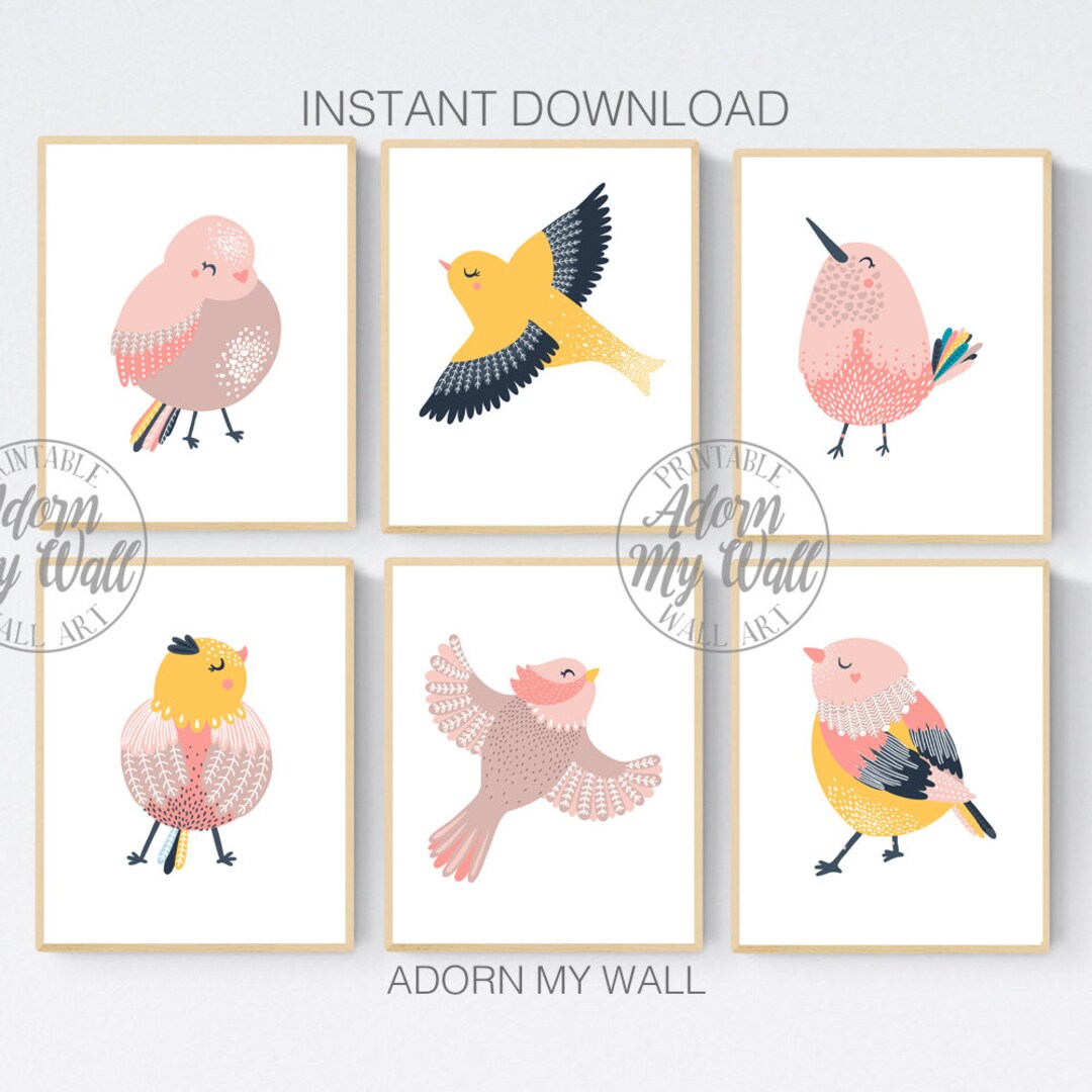 Set of Bird Prints, Pink Bird Printables, Bird Wall Art, Set of 6 Bird ...