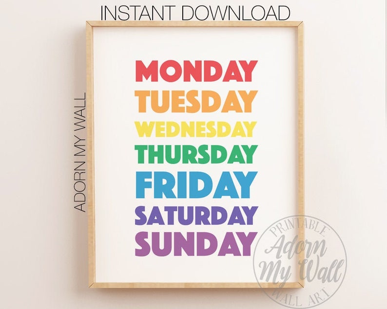 Rainbow Nursery Print Days of the Week Printable Rainbow - Etsy