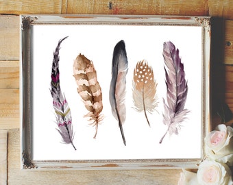 Boho Printable Watercolor Feathers Wall Art Print Hippie Wall - Etsy