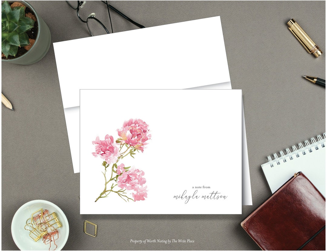 Personalized Note Cards - Pretty Pink Peonies - Set of 8 - Notes ...