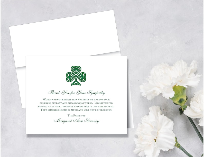 Sympathy Note Card, Funeral Thank You, Celtic Irish Shamrock, Irish ...