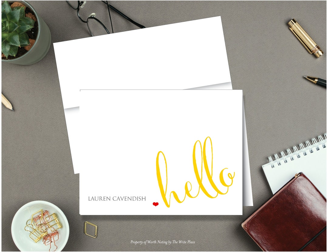 Personalized Note Cards - Yellow Hello - Set of 8 - Notes - Folded ...