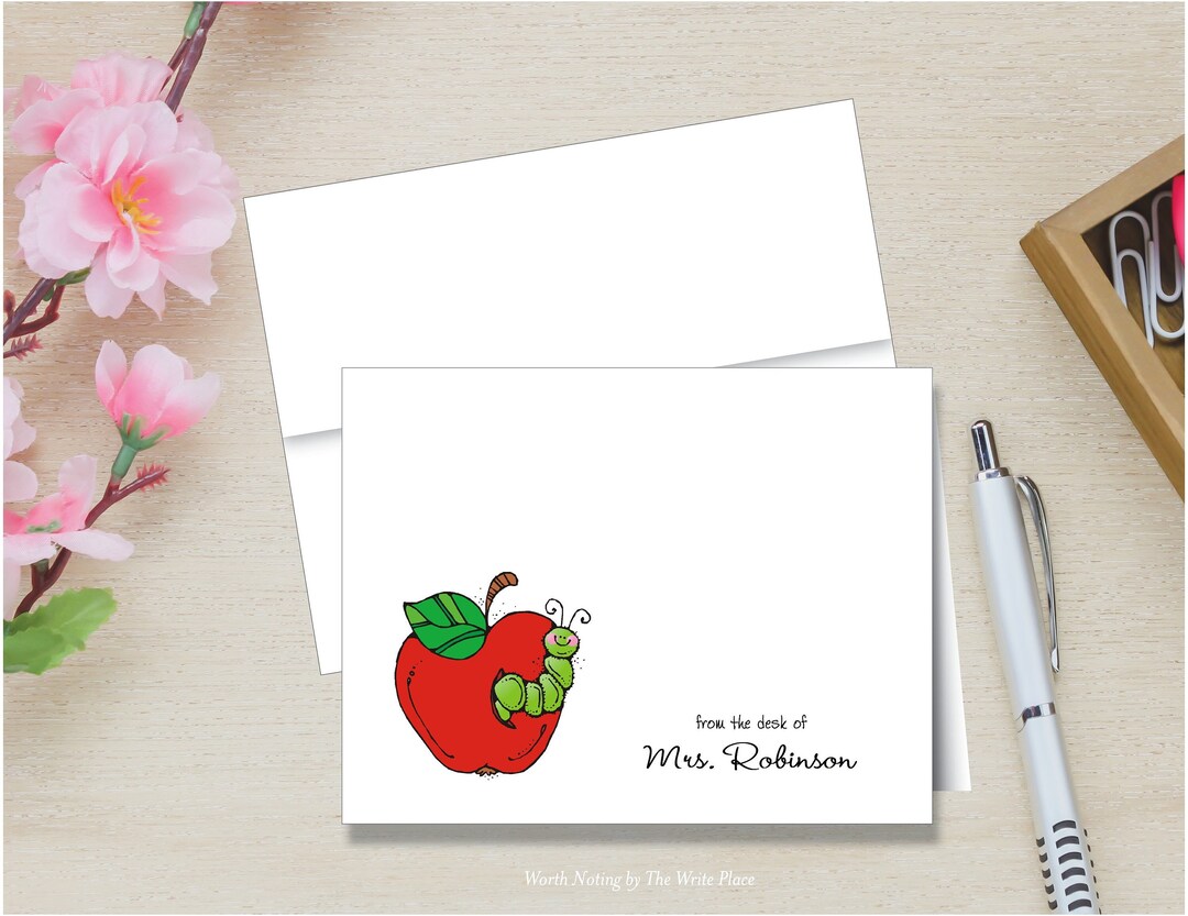 Teacher Stationery, Apple With Worm Note Cards, Back to School, Teacher ...
