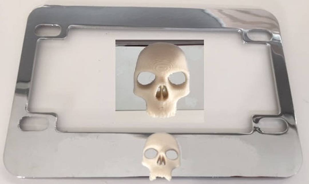 Skull in 3d Chrome With White Motorcycle License Plate Frame - Scary ...