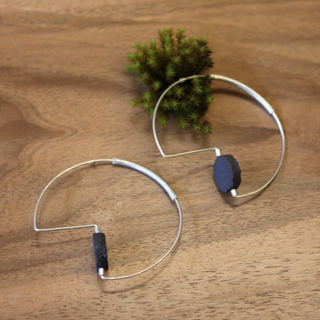 Contemporary Creole Earrings in 925 Sterling Silver and Raw Black ...