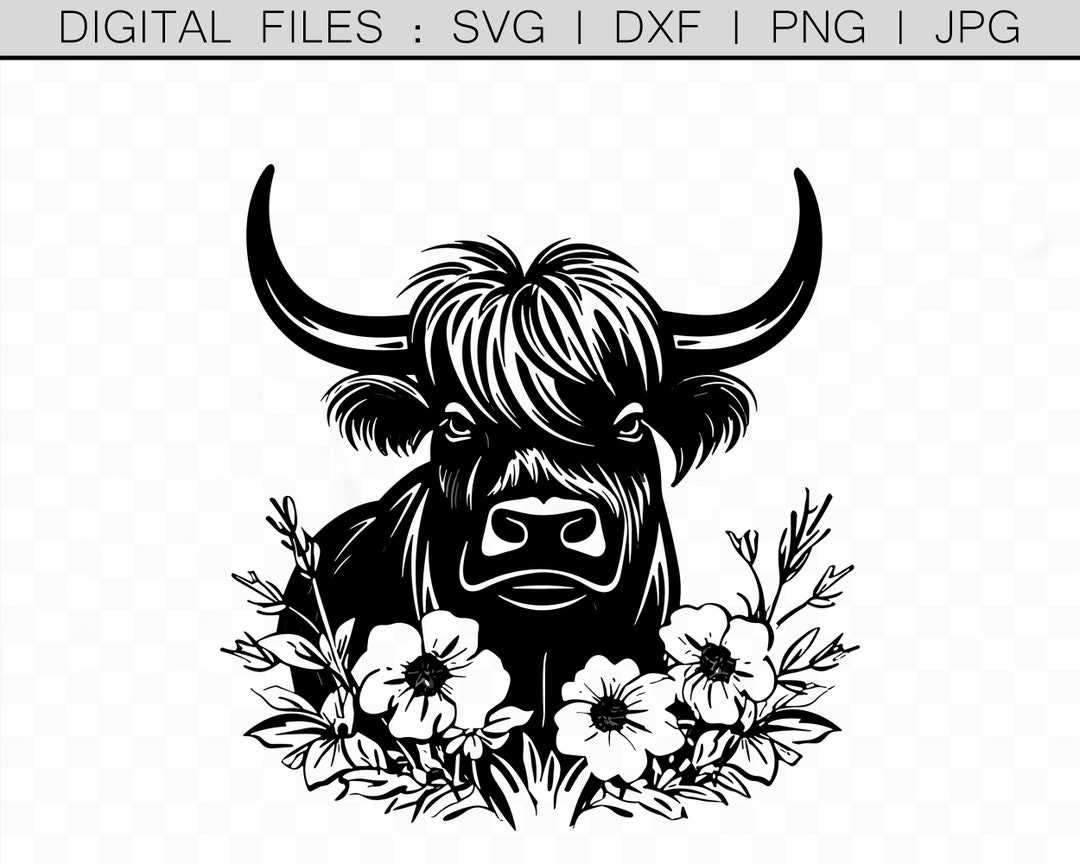 Highland Cow Flowers Clipart Vector, DXF File for Laser, Plasma, Metal ...