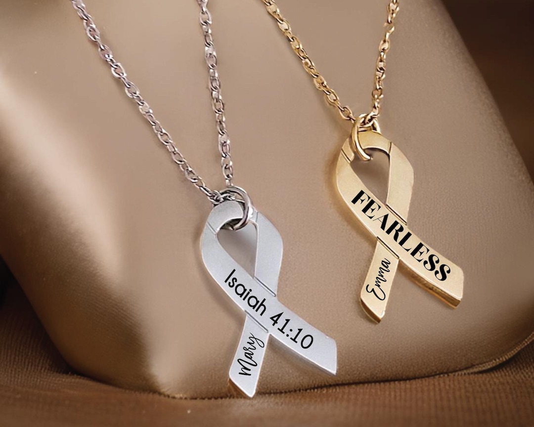 Personalized Cancer Ribbon Necklace: Engraved Stainless Steel Awareness ...