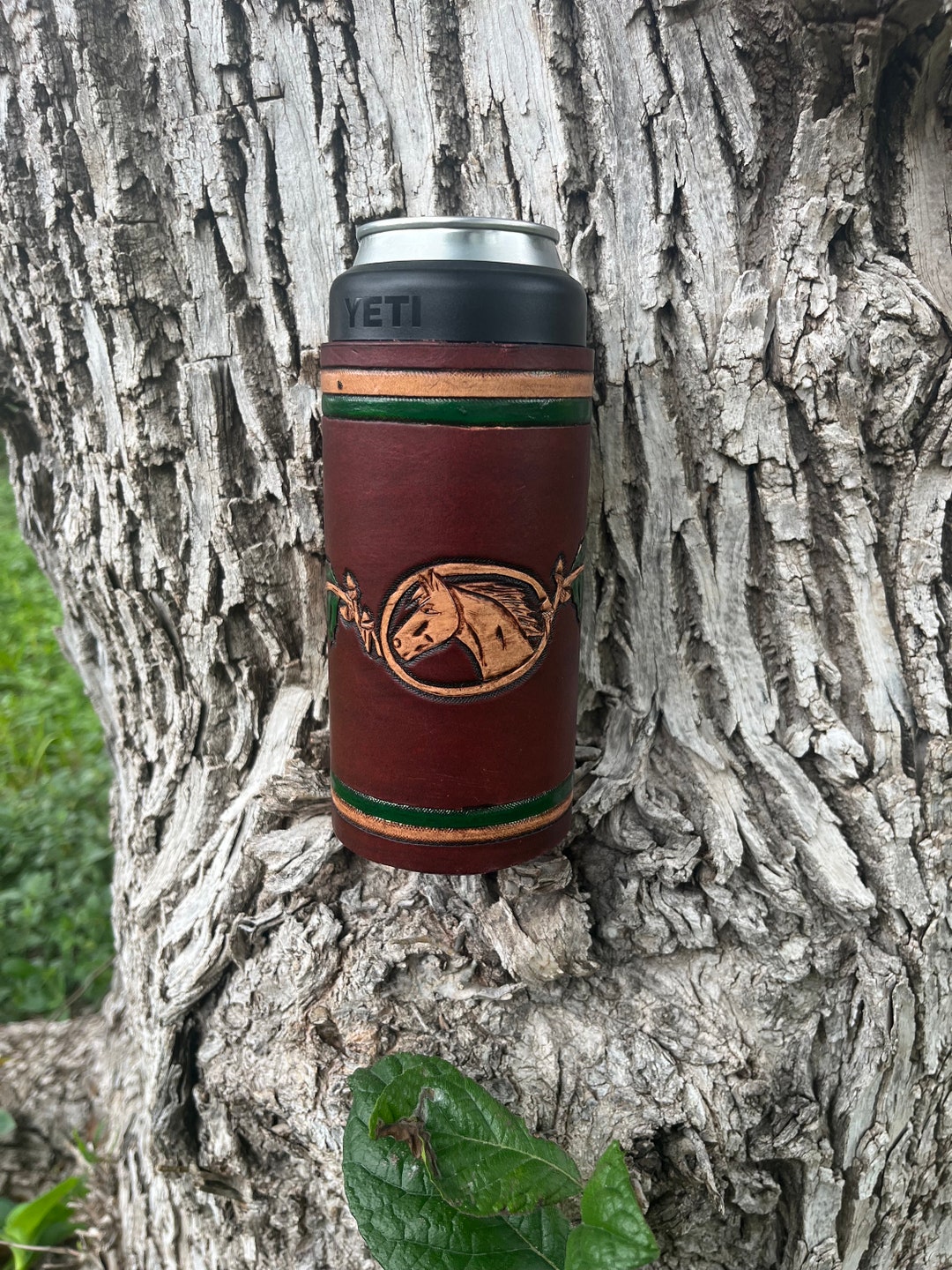Koozie Redhead Horse Head and Acorn Leaf Handmade Leather Koozie Including NEW Yeti Koozie 12 Oz ...