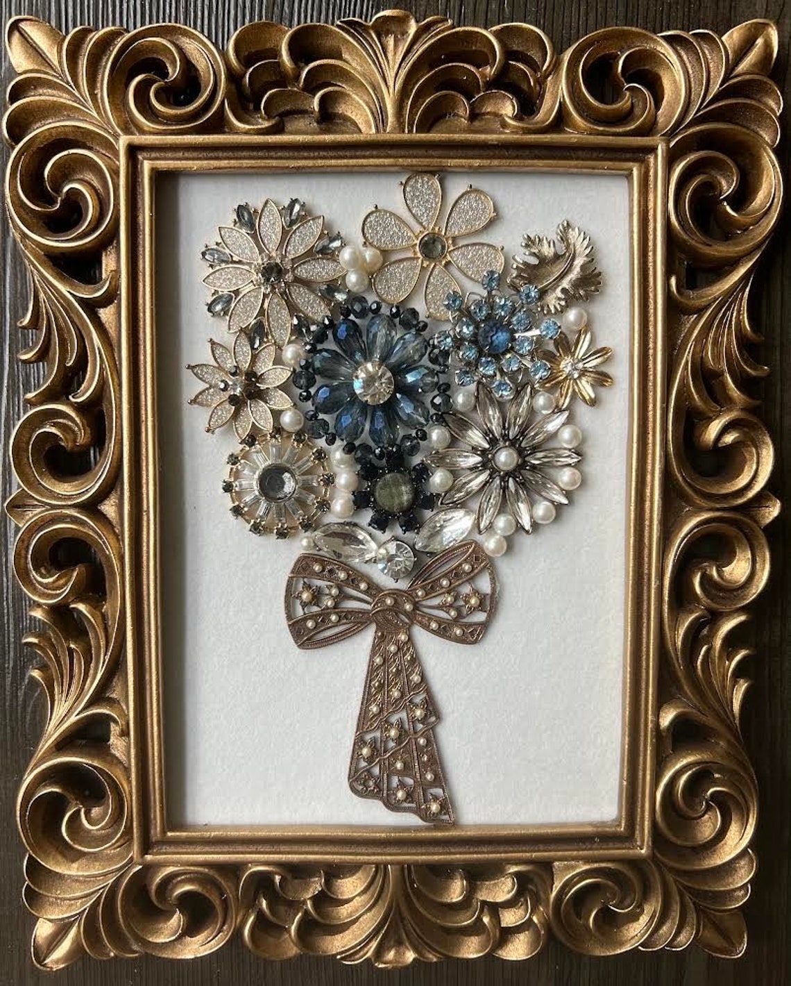 Blue Gold Floral Flower Bouquet Jewelry Vintage Frame - Etsy