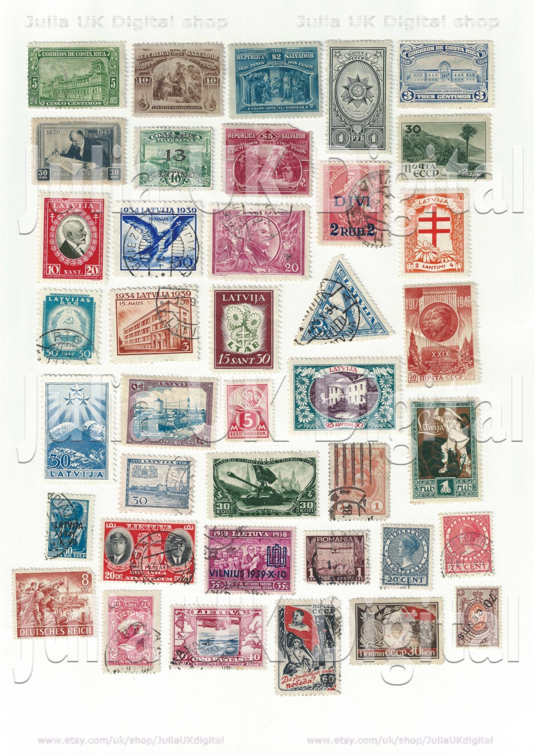 40 Old Postage Stamps - Digital Scan - Instant Download for Hang Tags ...
