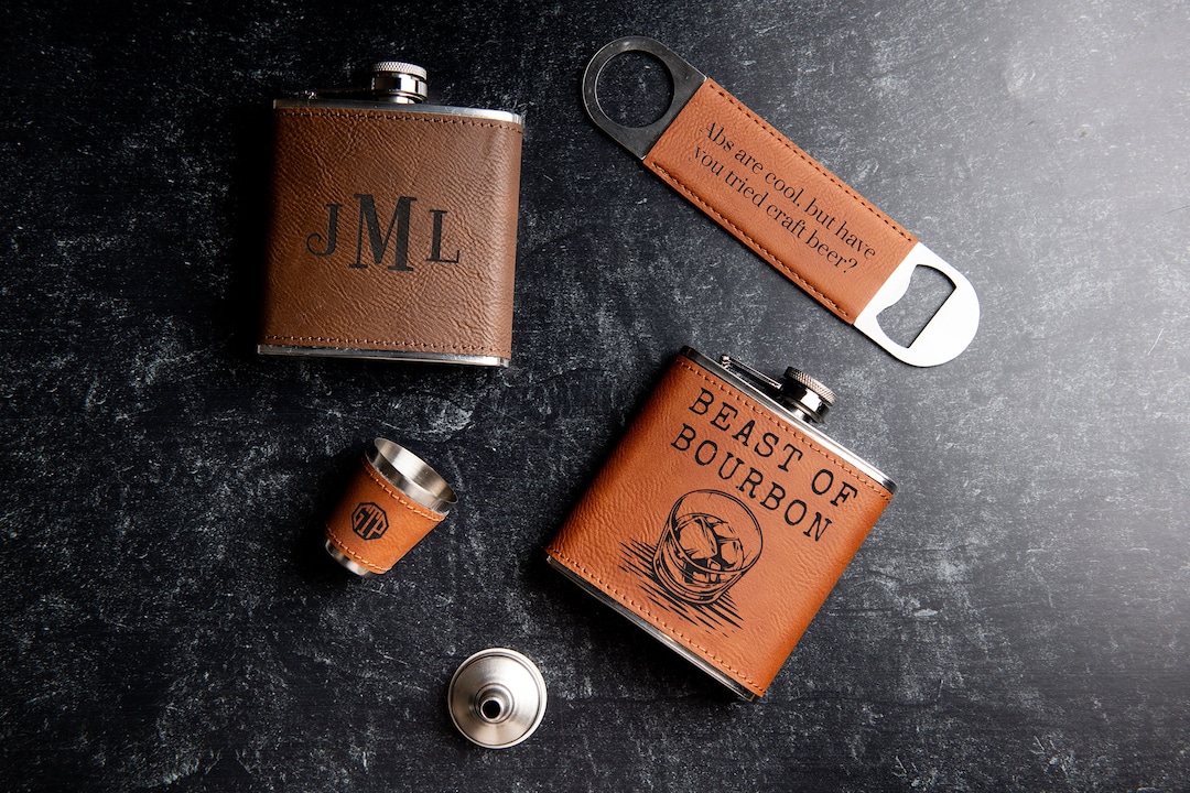 Personalized Flask Set With Shot Glasses, Bottle Opener, and Funnel ...