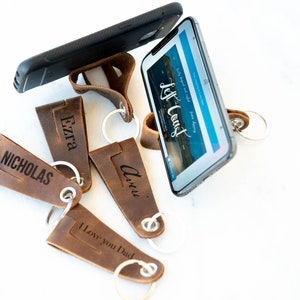 Personalized Leather Key Chain Phone Stand Key Fob Ring Men Mom Mother ...