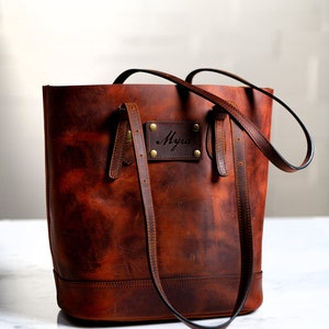 Personalized Distressed Leather Tote The Destin by Left Coast | Etsy