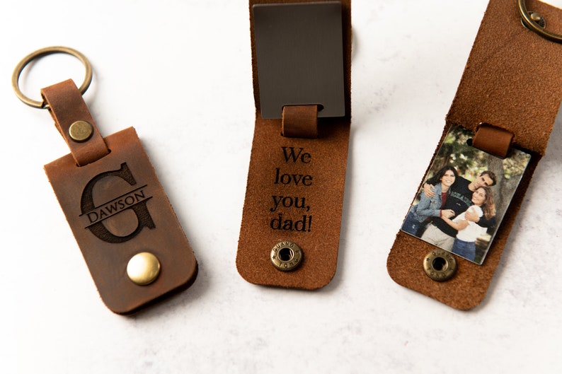 Personalized Photo Metal Tag Leather Keychain Engraved - Etsy
