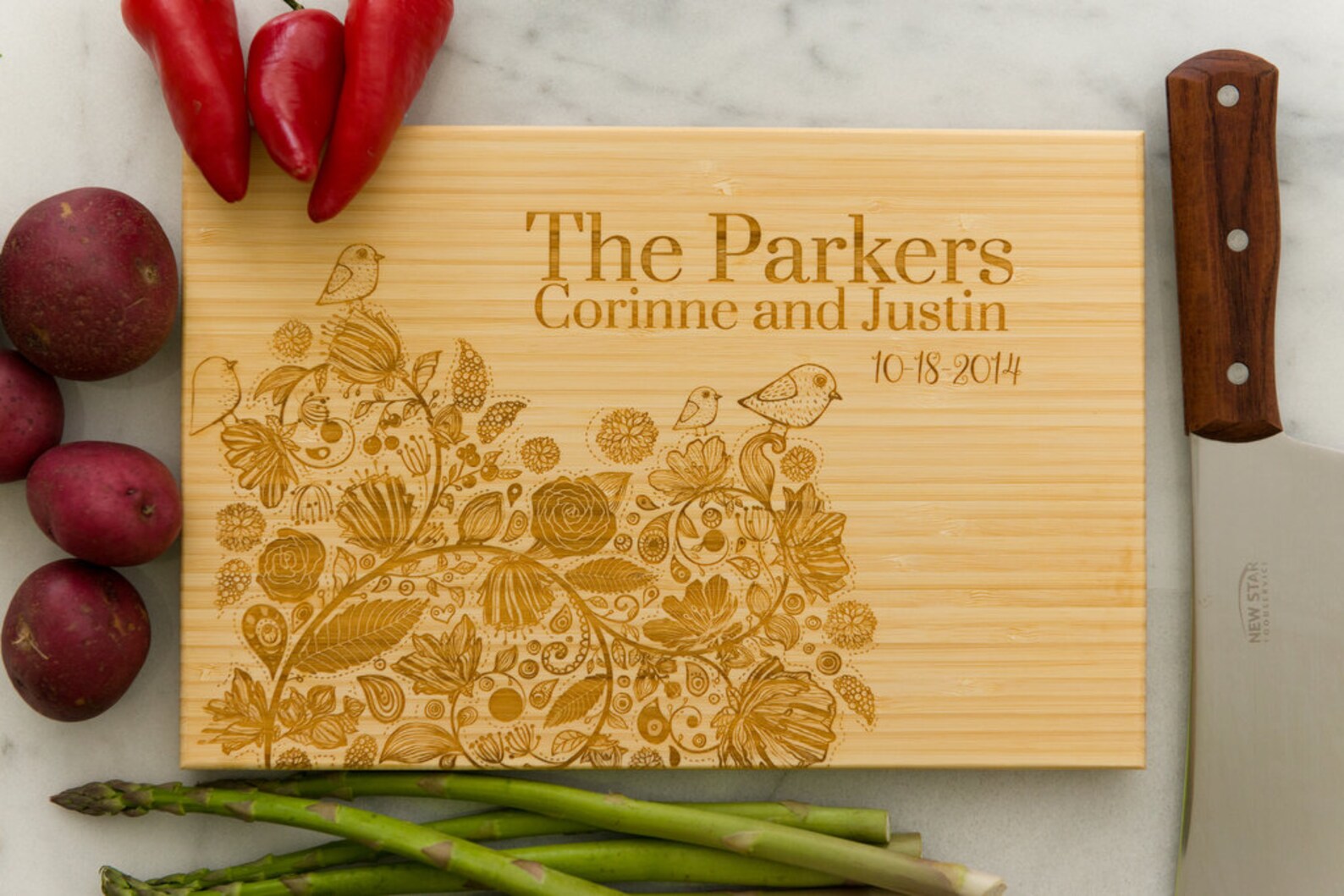 Personalized, Engraved Flowers and Birds Cutting Board by Left Coast ...