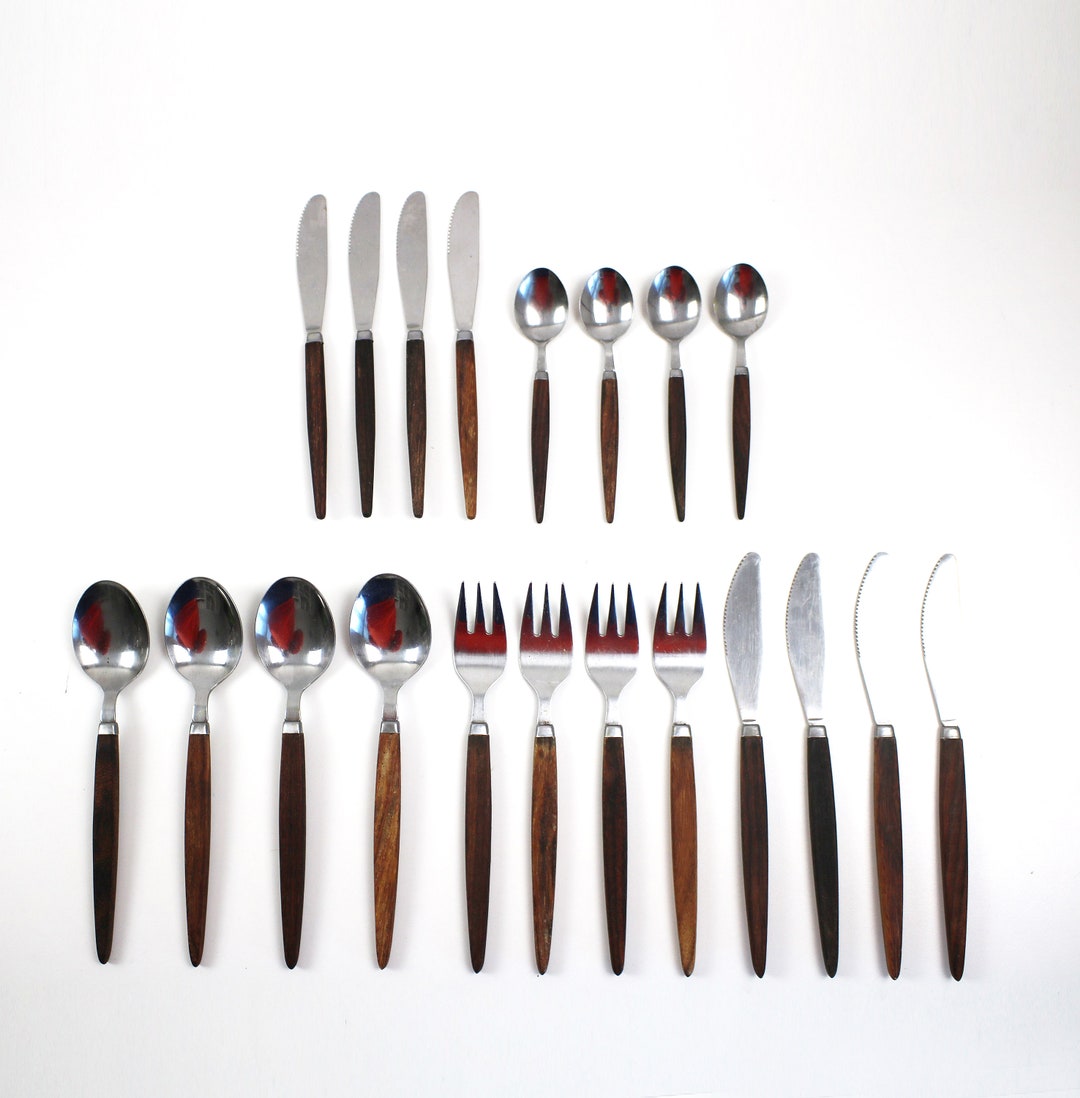 1960s Teak Handled Cutlery Set for 4 - 20 Piece Mid Century Stainless ...
